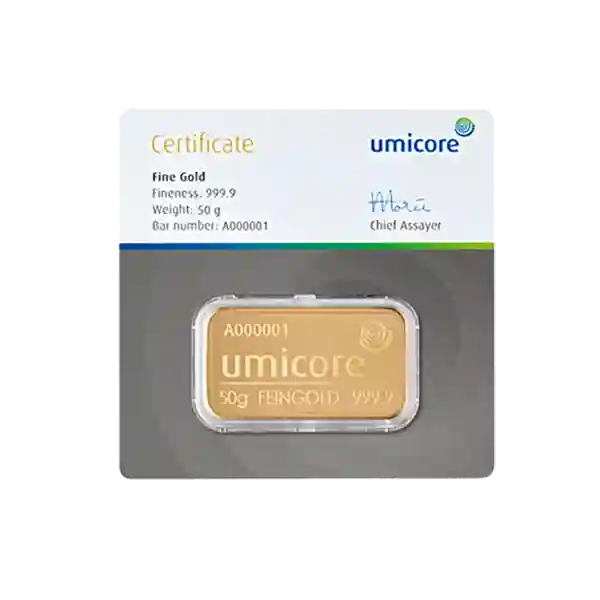 50 Gram Umicore Pure Gold Bar - 99.99 Percent 24k Gold I BullionGiant