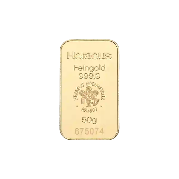 50 Gram Heraeus Minted Gold Bar - Bullion Giant