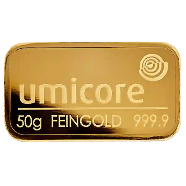 50 Gram Umicore Pure Gold Bar - 99.99 Percent 24k Gold I BullionGiant