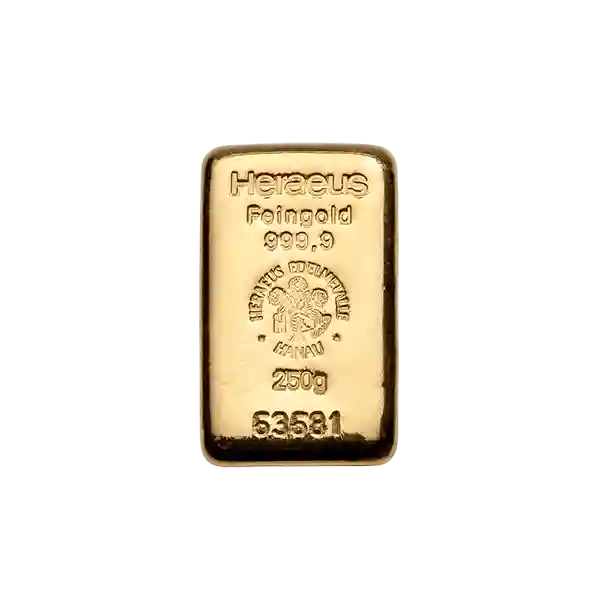 250 Gram Heraeus Cast Gold Bar - Bullion Giant