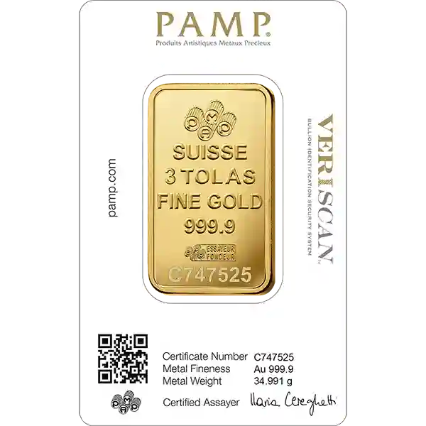 3 Tola PAMP Lady Fortuna Gold Bar - Bullion Giant
